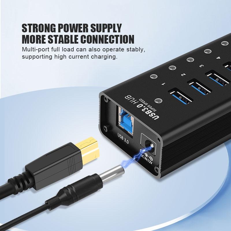 8-port powered hubb USB-A 3.0 5Gbps med switch 1,2m kabel aluminium sv ...