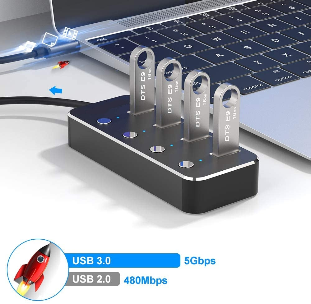 NÖRDIC 4-ports hubb USB 3.0 5Gbps med individuell switch 25cm kabel al ...